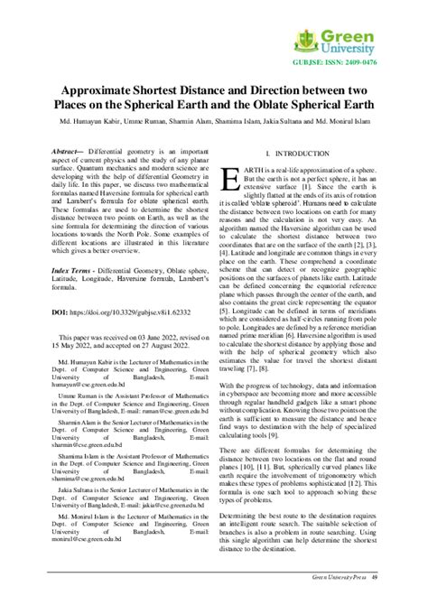 Pdf Approximate Shortest Distance And Direction Between Two Places On The Spherical Earth And