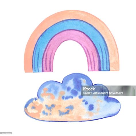손으로 그린 수채화 무지개와 어린이 섬유를위한 구름 요소 세트 스크랩북 디자인 타이포그래피 포스터 라벨 배너 엽서 0명에 대한