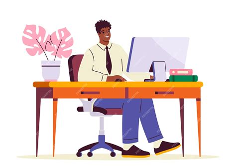 사무실 책상 사람 개념 컴퓨터 근처에 앉아 있는 남자 컴퓨터를 가진 젊은 남자 직장에서 열심히 일하는 노동자 또는 직원 백색 배경에 고립된 만화 평평한 ⁇ 터 일러스트레이션