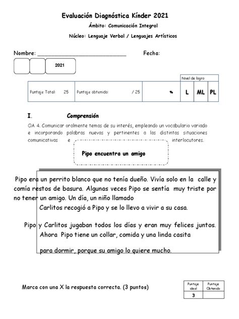 Evaluación Diagnóstica Lenguaje Kínder 2021 Pdf Comunicación