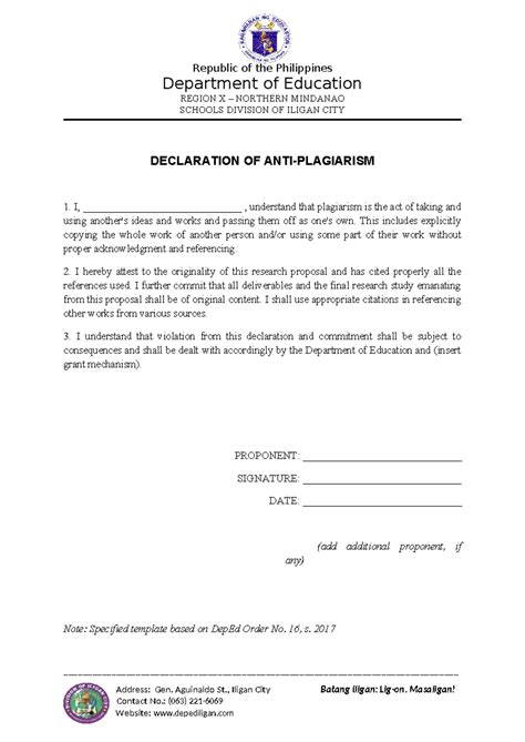 Declaration Of Anti Plagiarism Republic Of The Philippines Department Of Education Region X