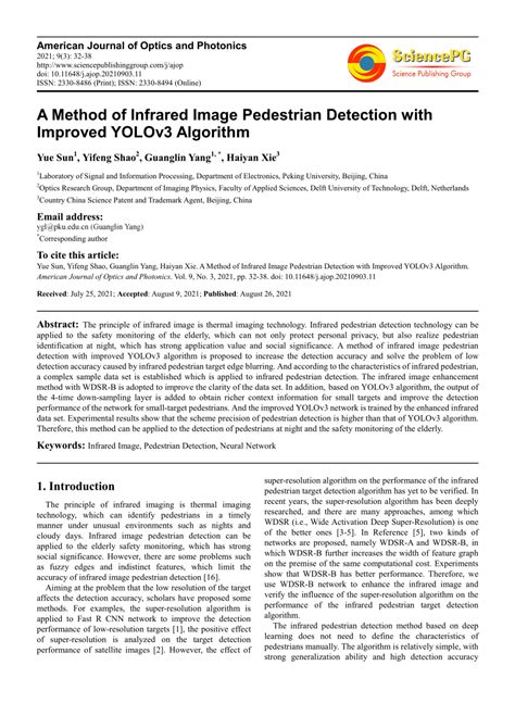 Pdf A Method Of Infrared Image Pedestrian Detection With Improved Yolov3 Algorithm