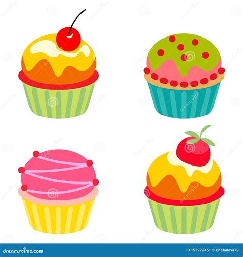 Vector Illustration Of Isolated Vector Set Of Cupcakes Or Muffins On