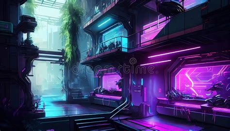 High Tech Environment Of Neon Cyberpunk City Generative Ai Stock Illustration Illustration Of