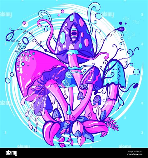 Colorful Illustration Of Trippy And Psychedelic Mushrooms With Leaves