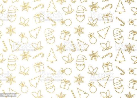 황금 크리스마스 아이콘의 원활한 패턴 산타 클로스 눈송이 선물 크리스마스 트리 사탕 지팡이 보블 및 홀리 베리 벡터 일러스트
