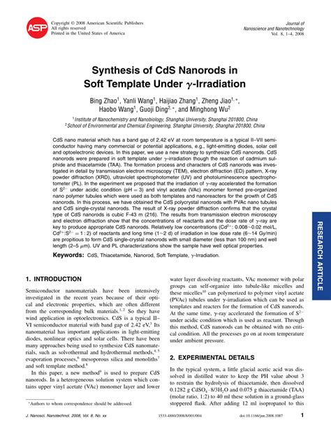 Pdf Synthesis Of Cds Nanorods In Soft Template Under γ Irradiation