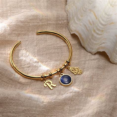 Symbolic Initial Bangle Bracelet With Semi Precious Stone In 18k Gold Plating Myka