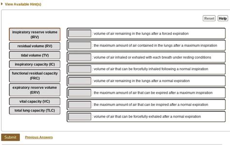 Solved Inspiratory Reserve Volume Irv Volume Of Air Remaining In The Lungs After A Forced