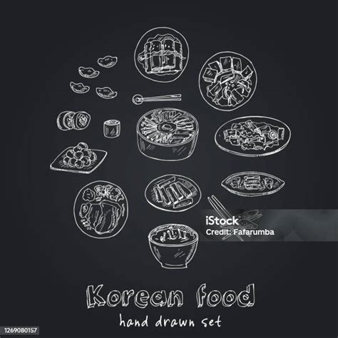 낙서 세트 손으로 그린 거친 간단한 한식 음식 스케치 주요 요리 디저트 음료의 다른 종류 카페 메뉴 전단지 칠판에 대한 흰색