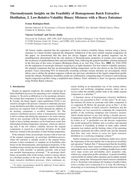 Pdf Thermodynamic Insights On The Feasibility Of Homogeneous Batch Extractive Distillation 2