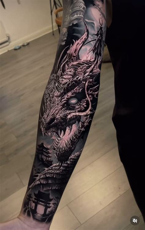 Black Dragon Sleeve Tattoo With Flowers Tattoo Sleeve With Dragon And