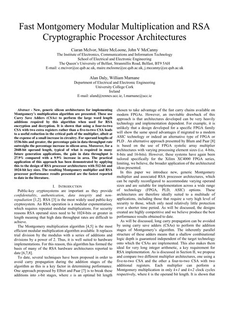 Pdf Fast Montgomery Modular Multiplication And Rsa Cryptographic Processor Architectures
