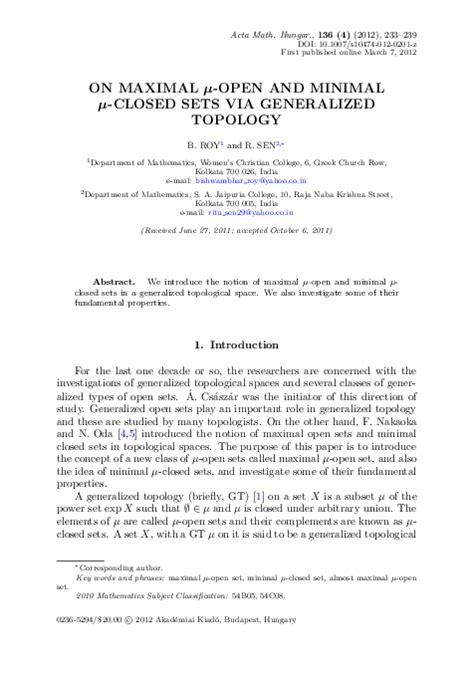 Pdf On Maximal μ Open And Minimal μ Closed Sets Via Generalized Topology