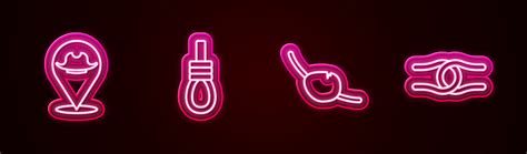 세트 라인 위치 해적 교수대 로프 루프 걸이 해적 눈 패치 및 로프 묶인 매듭 빛나는 네온 아이콘입니다 벡터 0명에 대한 스톡 벡터 아트 및 기타 이미지 Istock