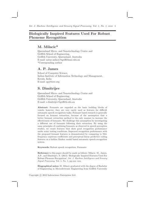 Pdf Biologically Inspired Features Used For Robust Phoneme Recognition