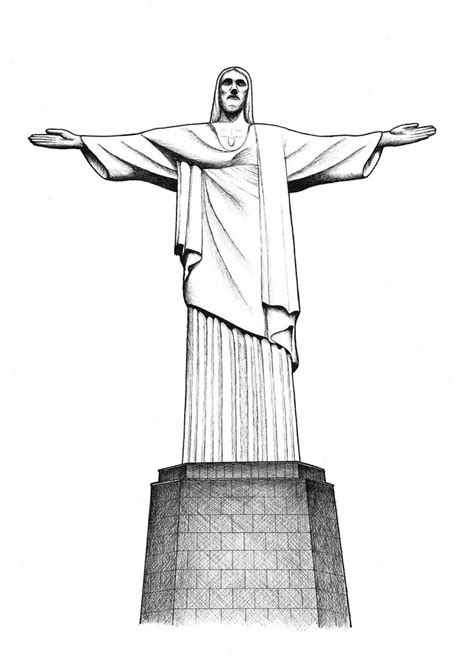 Christ The Redeemer A5a4 Detailed Hand Drawn Architectural Drawing Cristo Redentor Wall Art