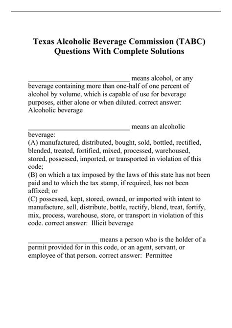 Texas Alcoholic Beverage Commission TABC Questions With Complete Solutions Tabc Stuvia US