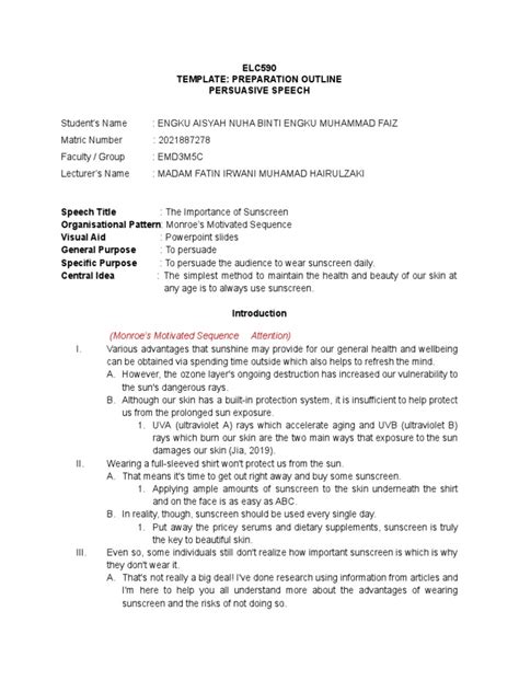 Persuasive Speech Outline Engku Aisyah Nuha Pdf Pdf Sunscreen Skin Cancer