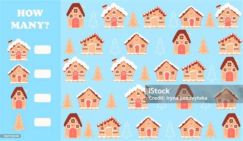 만화 스타일 크리스마스 및 새해 교육 수수께끼에 진저 브레드 하우스를 계산하기위한 아이들을위한 인쇄 워크 시트 진저브레드