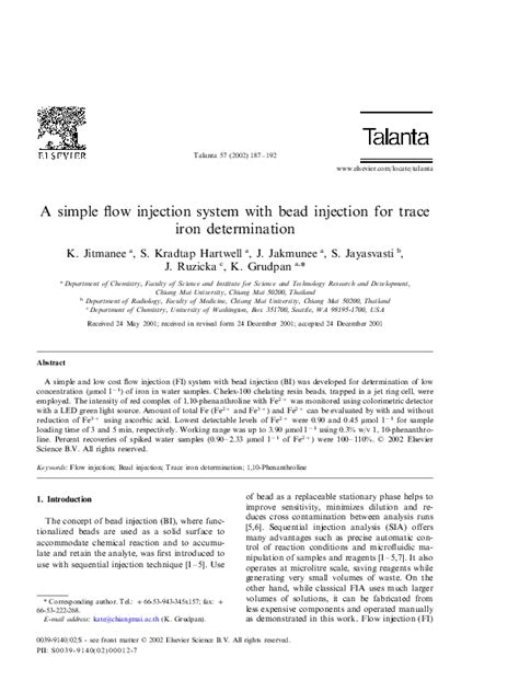 Pdf A Simple Flow Injection System With Bead Injection For Trace Iron