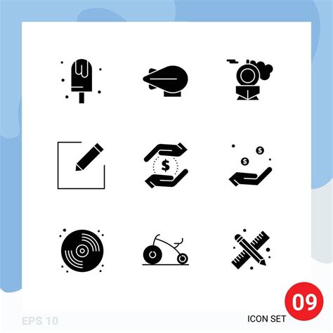Set Of 9 Vector Solid Glyphs On Grid For Charity Hand Train Dollar Write Editable Vector Design