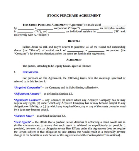 Stock Purchase Agreement Template Word