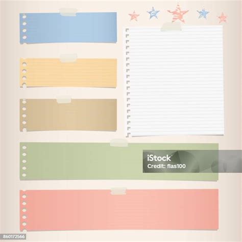 메시지 또는 텍스트에 대 한 다채로운 줄무늬 노트 노트북 스티커 테이프 갈색 바탕에 붙어 0명에 대한 스톡 벡터 아트 및 기타 이미지 Istock