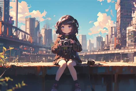 Pretty Anime Girl Photographer With A Professional Camera Sitting In