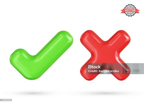 녹색 진드기와 적십자 정답과 그른 기호 옳고 그른 표시 아이콘 흰색 배경에 현실적인 3d 벡터 그림 3차원 형태에 대한 스톡