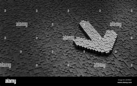 3d Rendering Metal Cubes In Shape Of Symbol Of Down Arrow Light Silver Colored On Dark Cubes