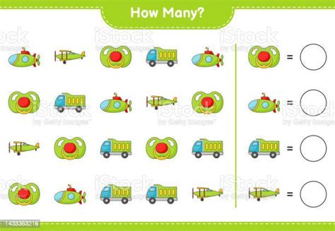 계산 게임 얼마나 많은 트럭 비행기 잠수함 그리고 젖꼭지 교육 어린이 게임 인쇄 가능한 워크 시트 벡터 일러스트 레이 션 0명에 대한 스톡 벡터 아트 및 기타 이미지