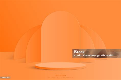 깨끗한 오렌지색 스튜디오 룸 아치와 반원 모양의 배경이 있는 사실적인 3d 실린더 연단 제품 프레젠테이션을 위한 플랫폼 3d 벡터 렌더링 0명에 대한 스톡 벡터 아트 및