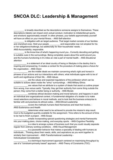 Sncoa Dlc Leadership And Management Questions With Detailed Verified Answers 100 Correct