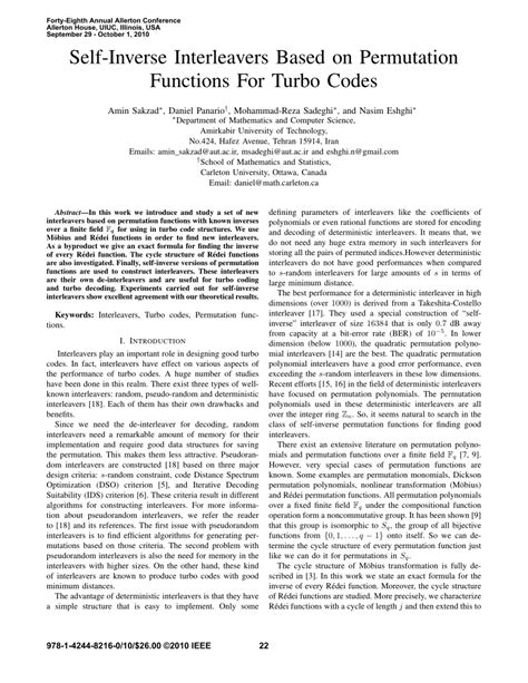 Pdf Self Inverse Interleavers Based On Permutation Functions For