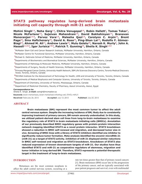 Pdf Stat3 Pathway Regulates Lung Derived Brain Metastasis Initiating Cell Capacity Through Mir