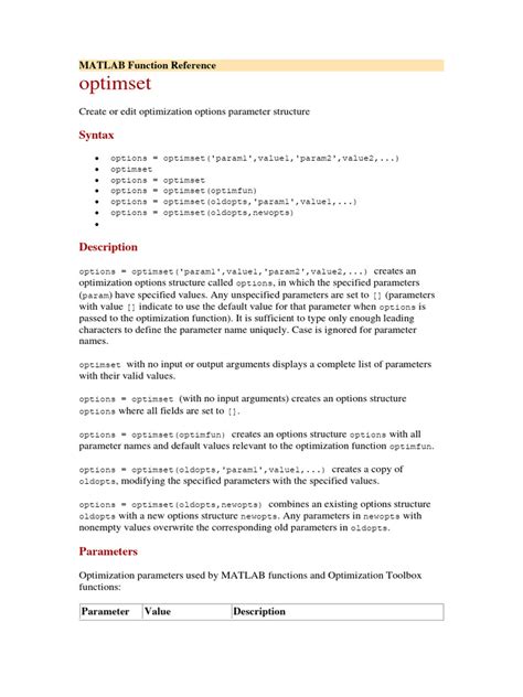 Matlab Function Reference Pdf Parameter Computer Programming Mathematical Optimization