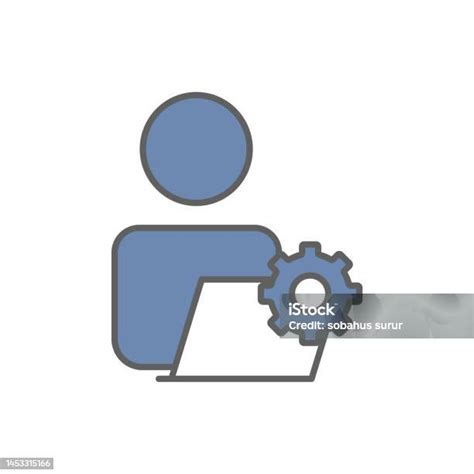 사람 아이콘 노트북과 기어가 있는 그림 프로그래밍 유지 관리 코딩 개발자와 관련된 아이콘입니다 두 톤 아이콘 스타일입니다 앱 웹