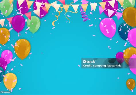 풍선 다양한 색상의 벡터 일러스트 레이 션의 컬러 색종이 화환 및 스트리머를 파티 또는 카니발 사용을위한 배경에 배치 요소 펀 카드 3차원 형태에 대한 스톡 벡터 아트 및