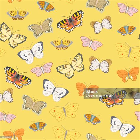 빨간색 노란색 흰색 주황색 및 기타 색상의 비행 나비 이미지와 함께 파스텔 색상의 매끄러운 패턴 밝은 분홍색 배경에 벡터 그림입니다 곤충에 대한 스톡 벡터 아트 및 기타