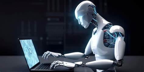 Premium Ai Image Cybernetic Robot Navigating A Laptop Bridging Human