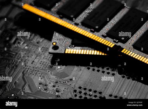 Macro Close Up Of Computer Ram Chip Random Access Memory Chip Slot For Pc Motherboard Stock