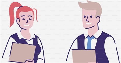 접수원 플랫 벡터 문자입니다 개인 비서 고객 관리자 클립보드 만화 삽화를 가진 사무원 여성과 남성 관리자 안주인 흰색에 고립된 비서 사진 Unsplash의