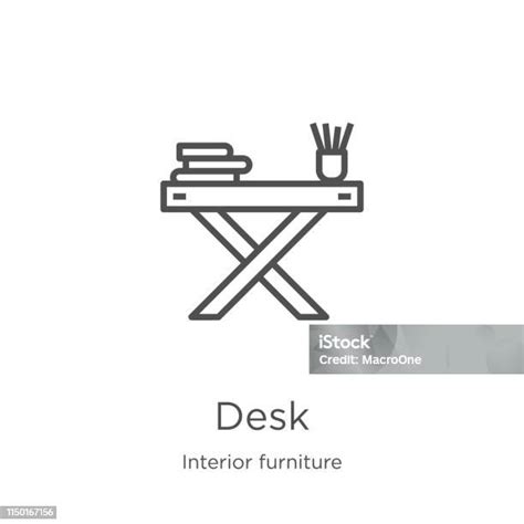인테리어 가구 컬렉션에서 책상 아이콘 벡터입니다 얇은 라인 데스크 개요 아이콘 벡터 일러스트 레이 션입니다 웹 사이트 디자인 및 모바일 앱 개발을 위한 개요 얇은 라인