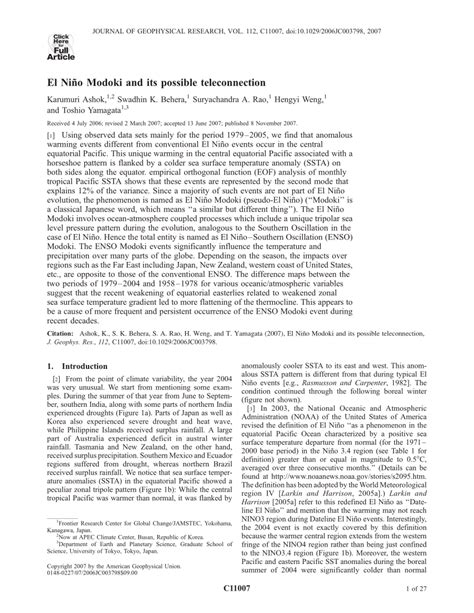 Pdf El Niño Modoki And Its Teleconnection