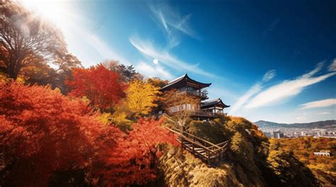 나무로 둘러싸인 목탑이 있는 한국의 가을 풍경 기요미즈데라의 단풍과 푸른 하늘 고화질 사진 사진 구름 배경 일러스트 및 사진 무료 다운로드 Pngtree