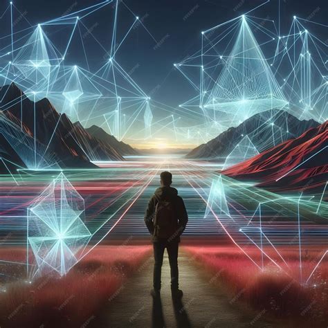 Ai Of Someone Stands By An Empty Field Abstract Neon Structures In The Multidimensional