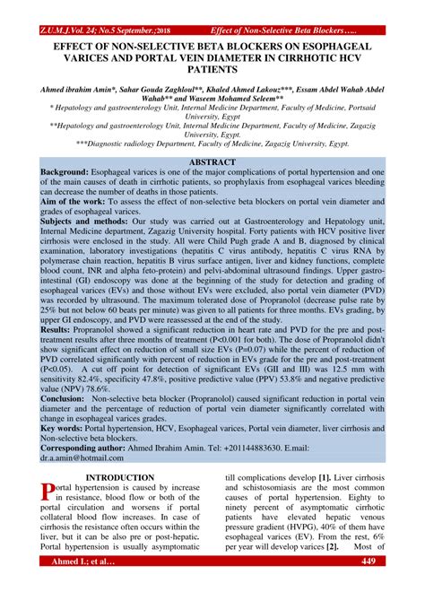Pdf Effect Of Non Selective Beta Blockers On Esophageal Varices And Portal Vein Diameter In
