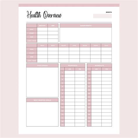 Printable Monthly Health Overview And Measurement Tracker Printables