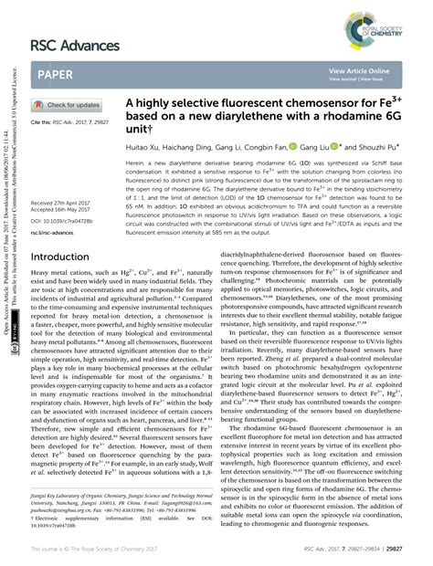 Pdf A Highly Selective Fluorescent Chemosensor For Fe 3 Based On A